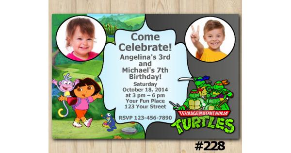 Twin Dora the Explorer and TMNT Birthday Invitation, Joint Twin ...