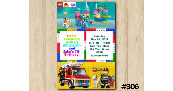 Twin Lego Duplo and Lego City Birthday Invitation, Joint Twin ...