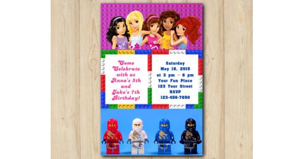 Twin Lego Friends and Lego Ninjago Birthday Invitation, Joint Twin ...