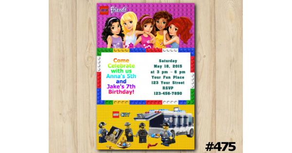 Joint Twin Lego Friends and Lego City Birthday Invitation Template ...