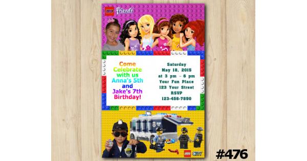 Twin Lego Friends and Lego City Birthday Invitation Template