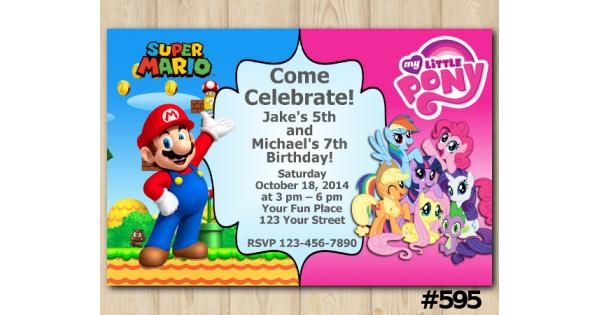 Twin Super Mario and My Little Pony Birthday Invitation, Joint Twin ...