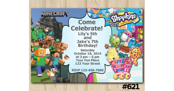 Twin Minecraft and Shopkins Birthday Invitation, Joint Twin Invitation ...
