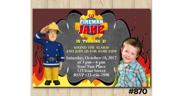 Fireman Sam Birthday Invitation with photo