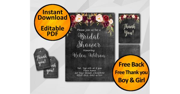 Watercolor Chalkboard Bridal Shower Invitation Set with Thank's and Favors